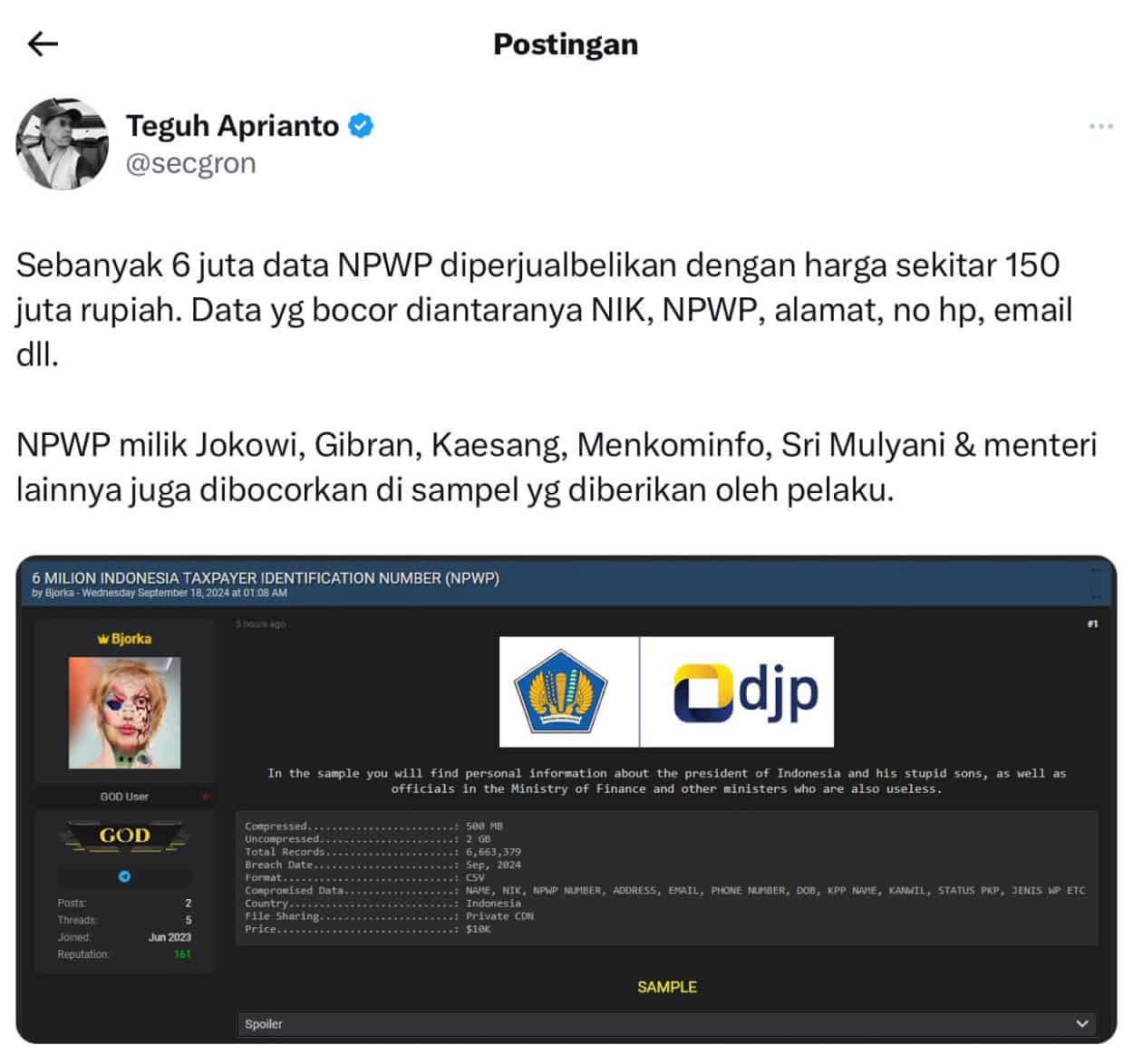 Bjorka Up to His Mischief Again, Leaks 6 Million NPWP Data for Sale for ...